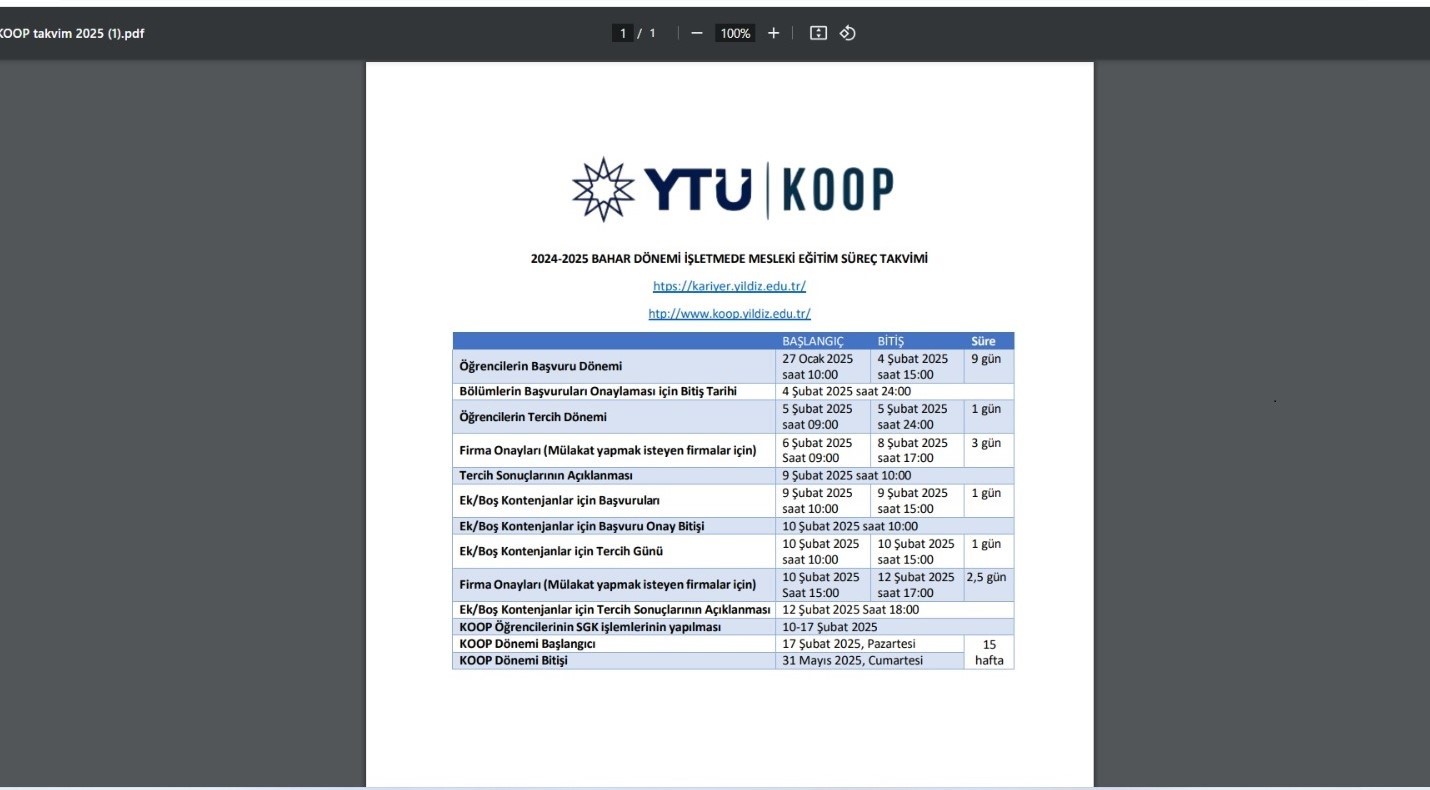 2024-2025 Bahar Dönemi KOOP Eğitimi Takvimi | YTÜ Şehir ve Bölge Planlama Bölümü